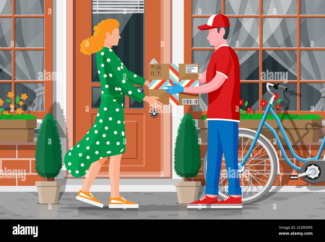 Woman receive cardboard box from man. Courier character holds parcel in ...