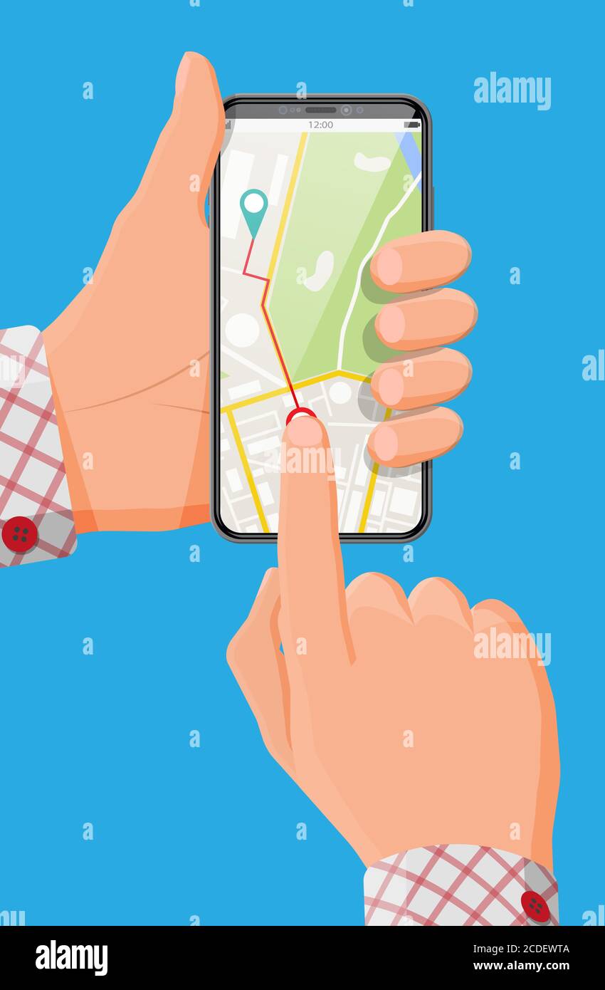 Modern smartphone with map and marker in hand. GPS navigation in phone with green and blue ...