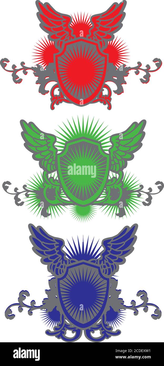 Vector illustration of crest shields wings in three different designs ...