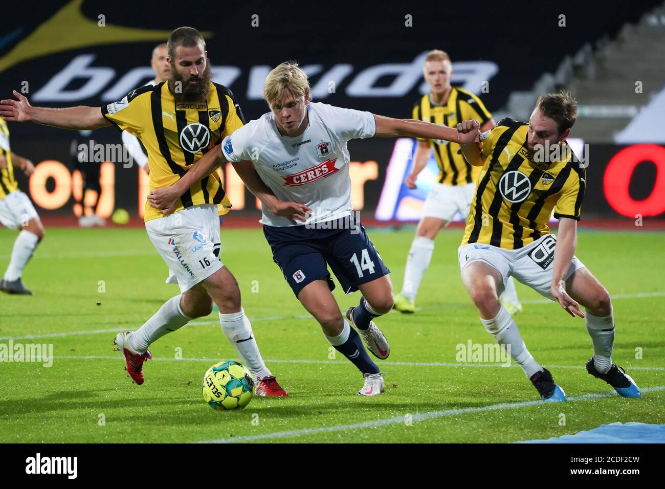 Aarhus, Denmark. 27th Aug, 2020. Soren Tengstedt (14) of AGF and Konsta ...