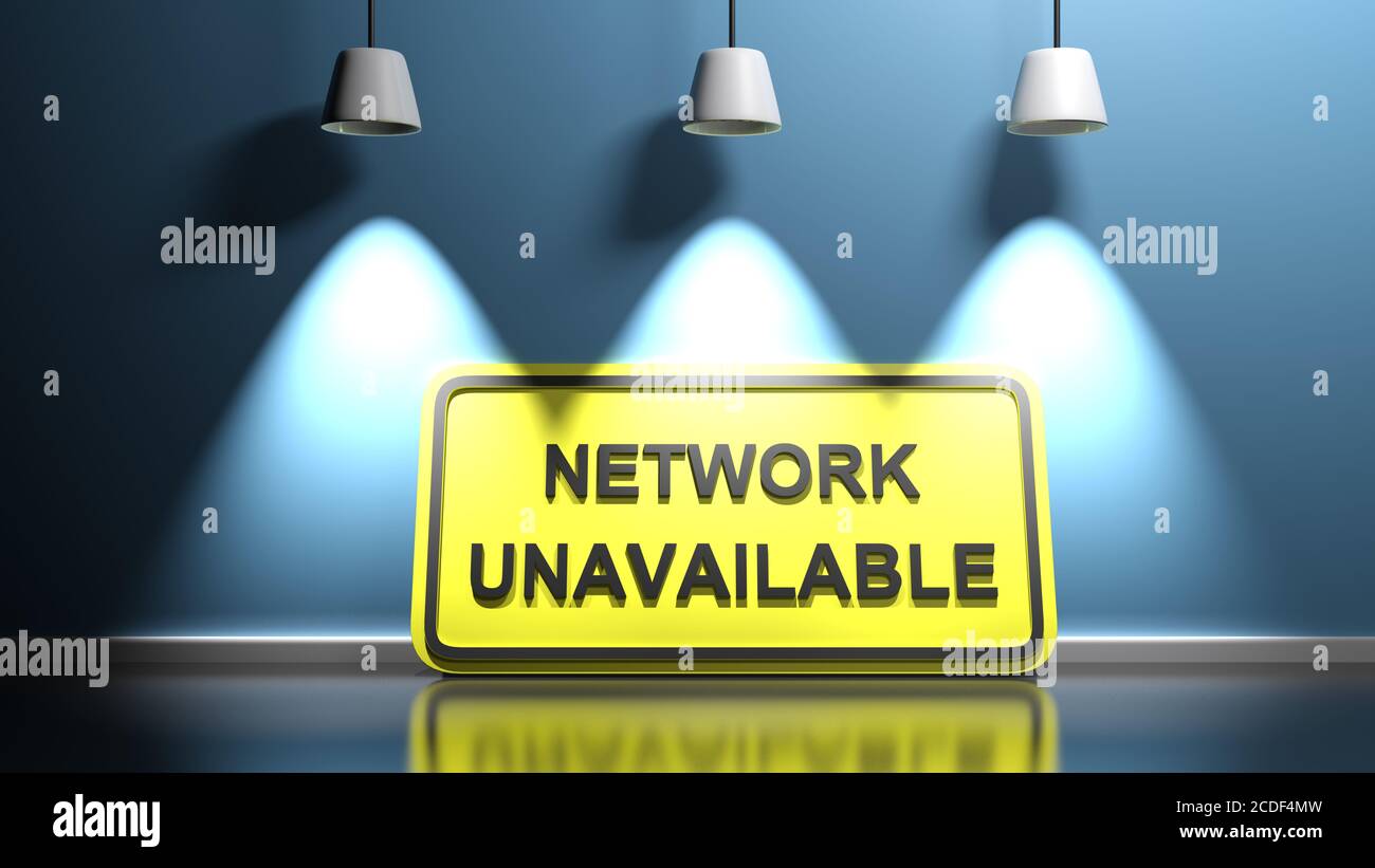 NETWORK UNAVAILABLE yellow sign at blue wall - 3D rendering ...