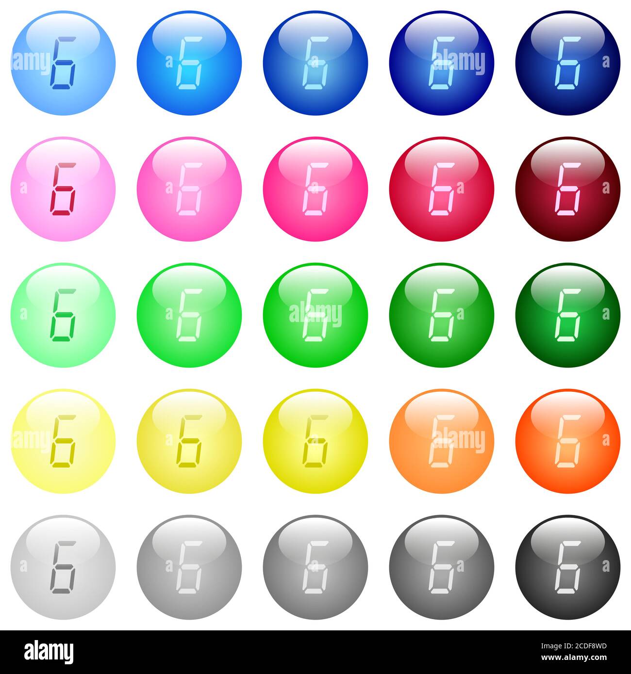 digital number six of seven segment type icons in set of 25 color ...