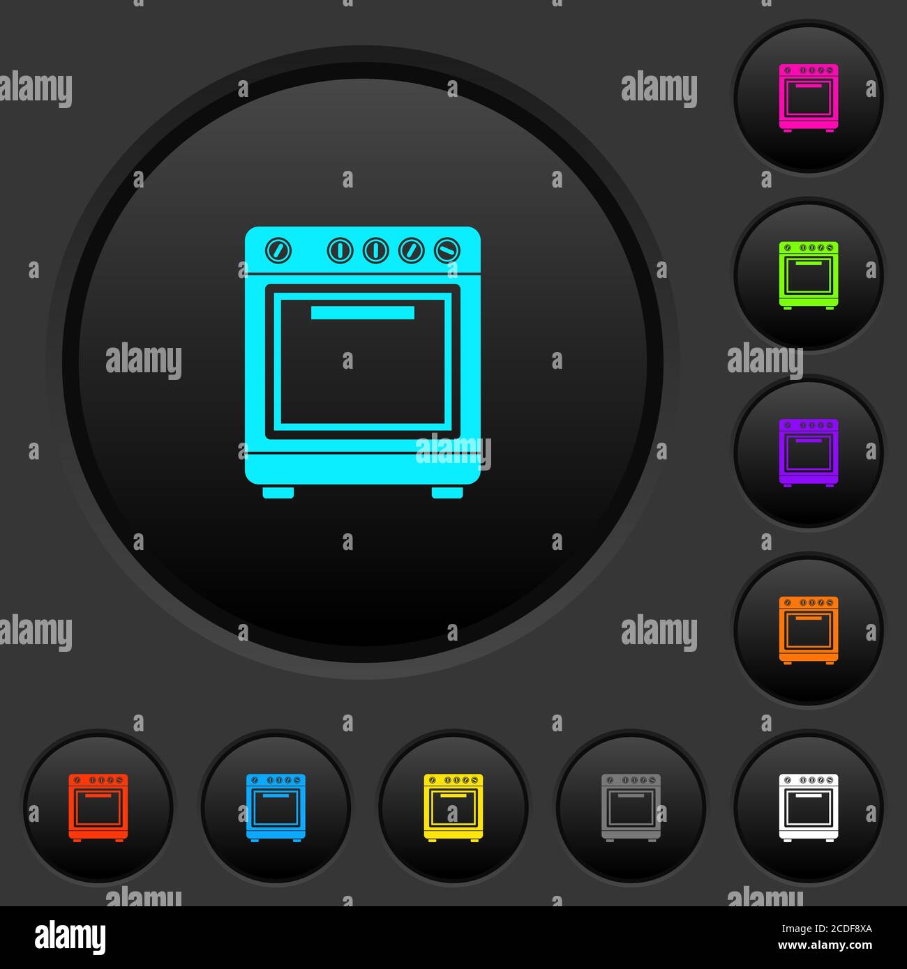 Oven dark push buttons with vivid color icons on dark grey background ...