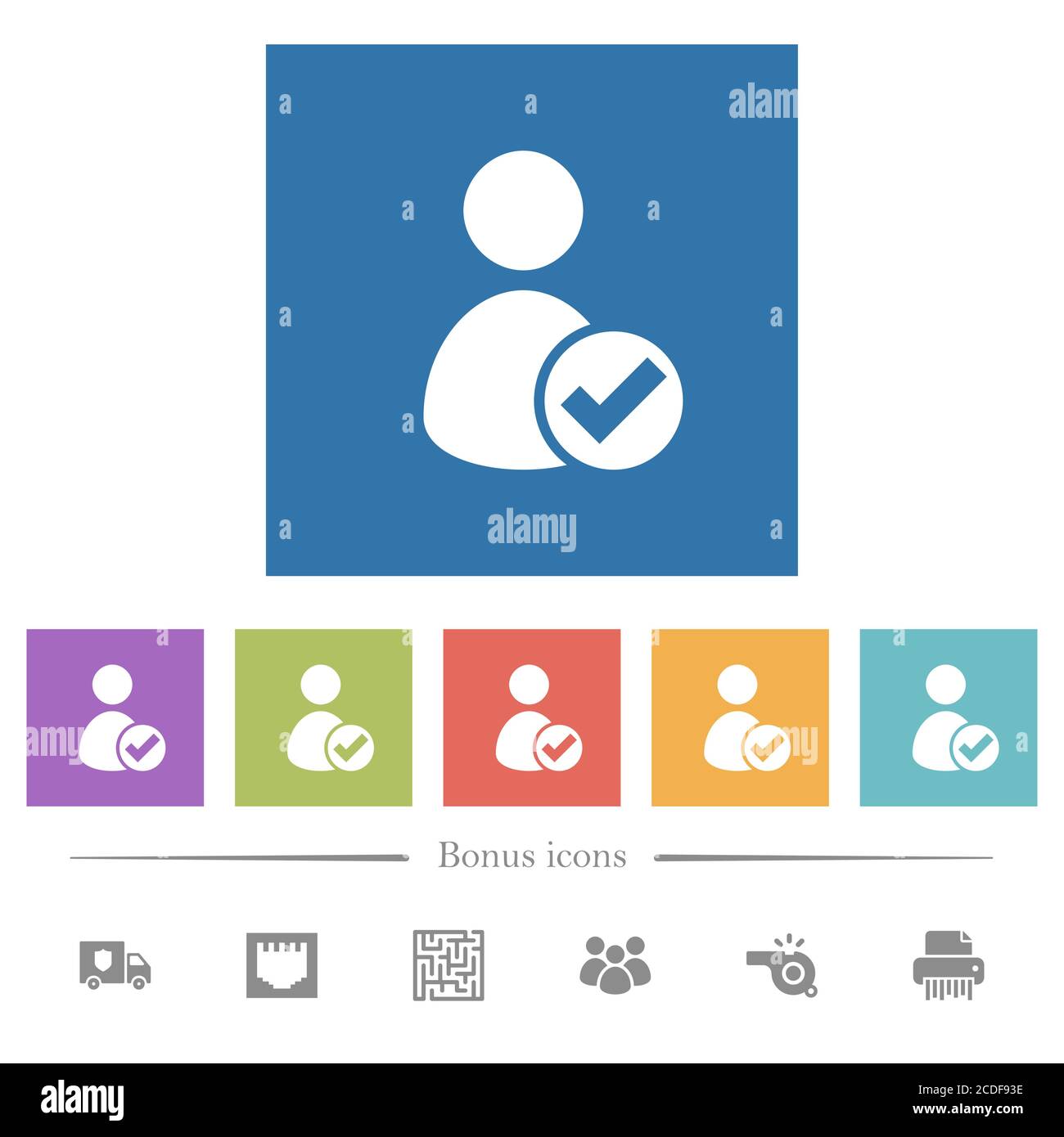 User account accepted flat white icons in square backgrounds. 6 bonus ...