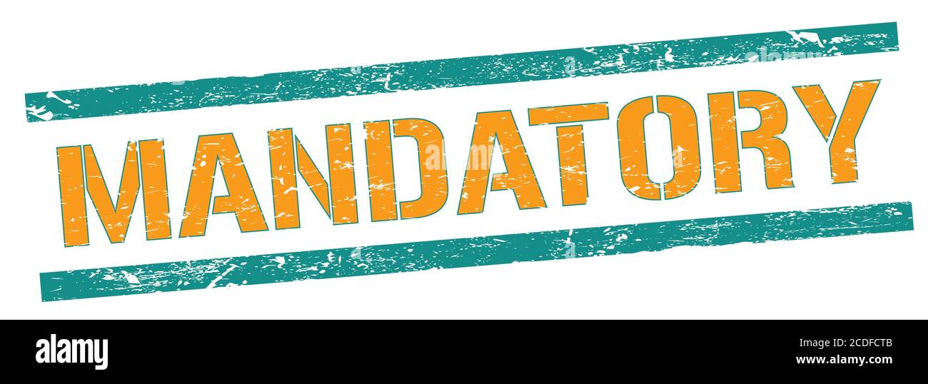MANDATORY text on blue orange grungy lines stamp sign Stock Photo - Alamy