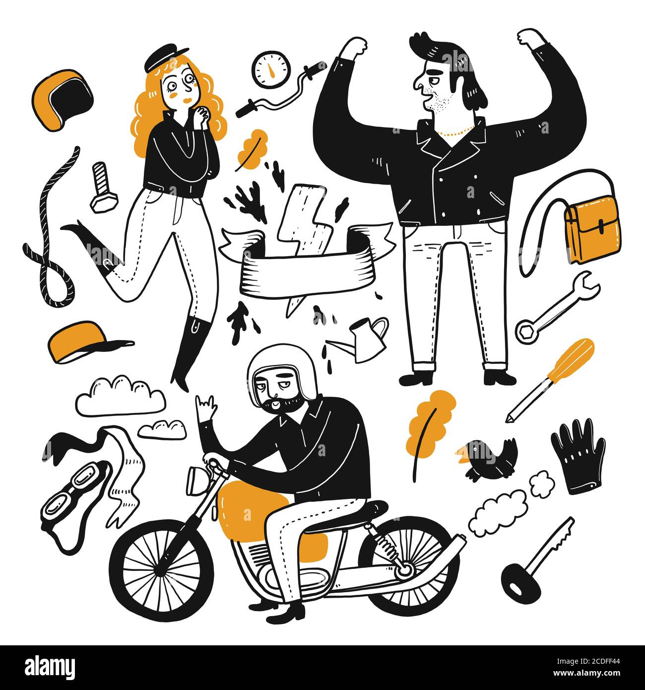 The drawing character of people are biker. Collection of hand drawn ...