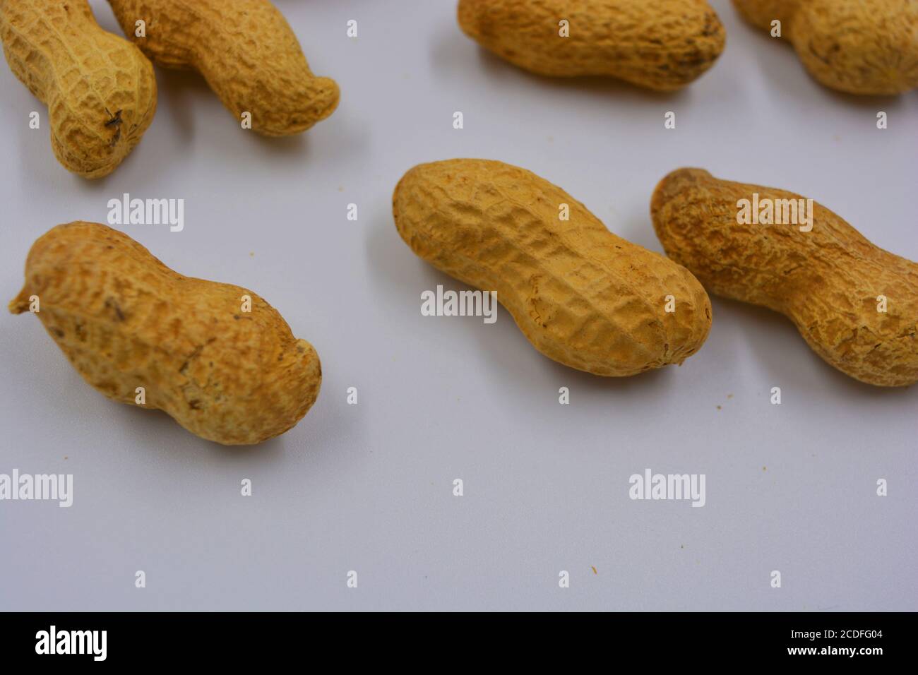 Natural peanuts in their own brown shell are located on a white ...