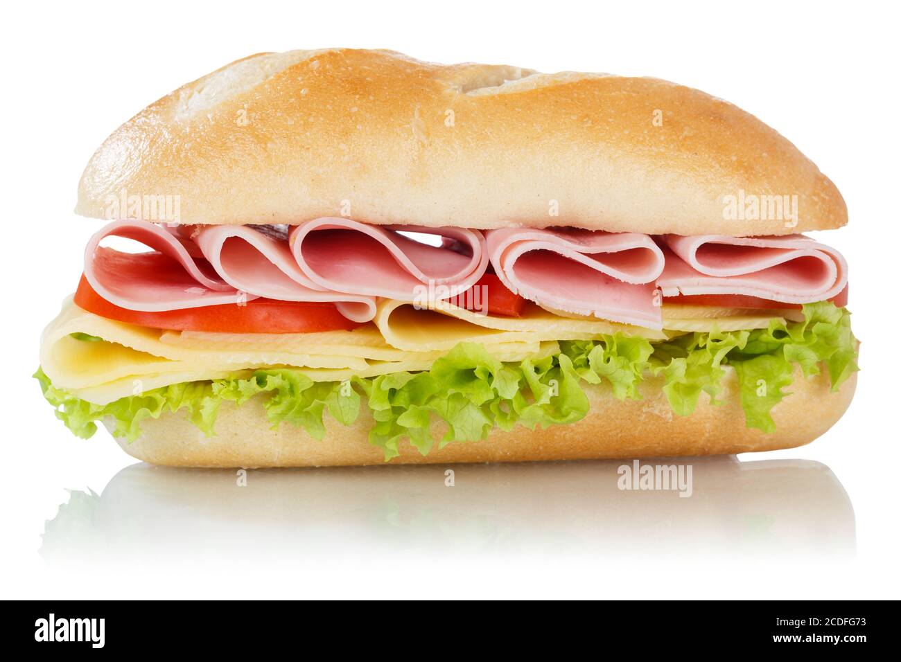 Sub sandwich with ham and cheese from the side isolated on a white ...