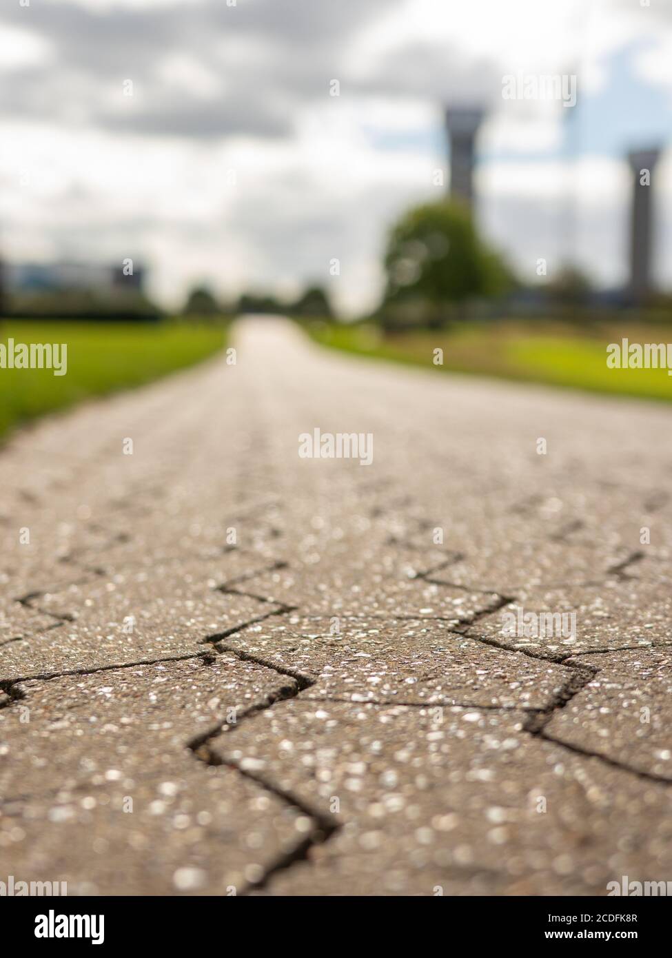 Ground level shot of a zig-zag brick path, with a shallow depth of ...