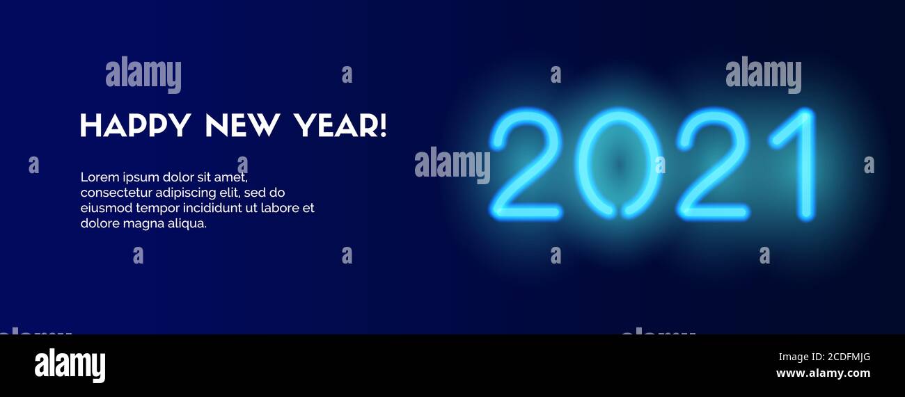 2021 Happy New Year vector long banner. Blue neon 2021 numbers on a ...