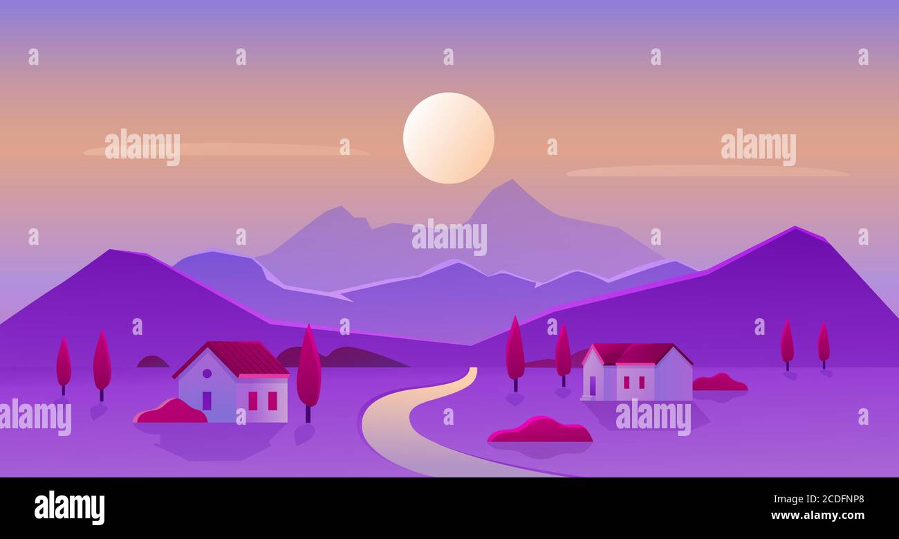 Sunrise or sunset village landscape vector illustration. Cartoon flat ...