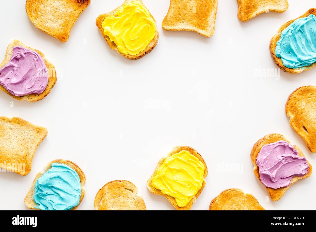 Frame of cheese spread toast bread. Food background, top view Stock ...