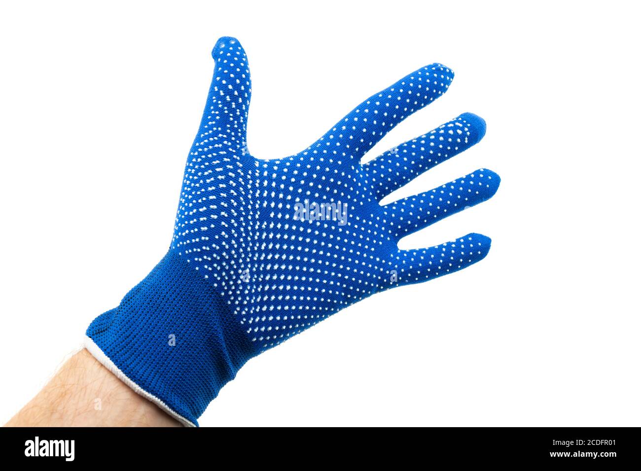 Male hand in blue working glove isolated on white background Stock ...