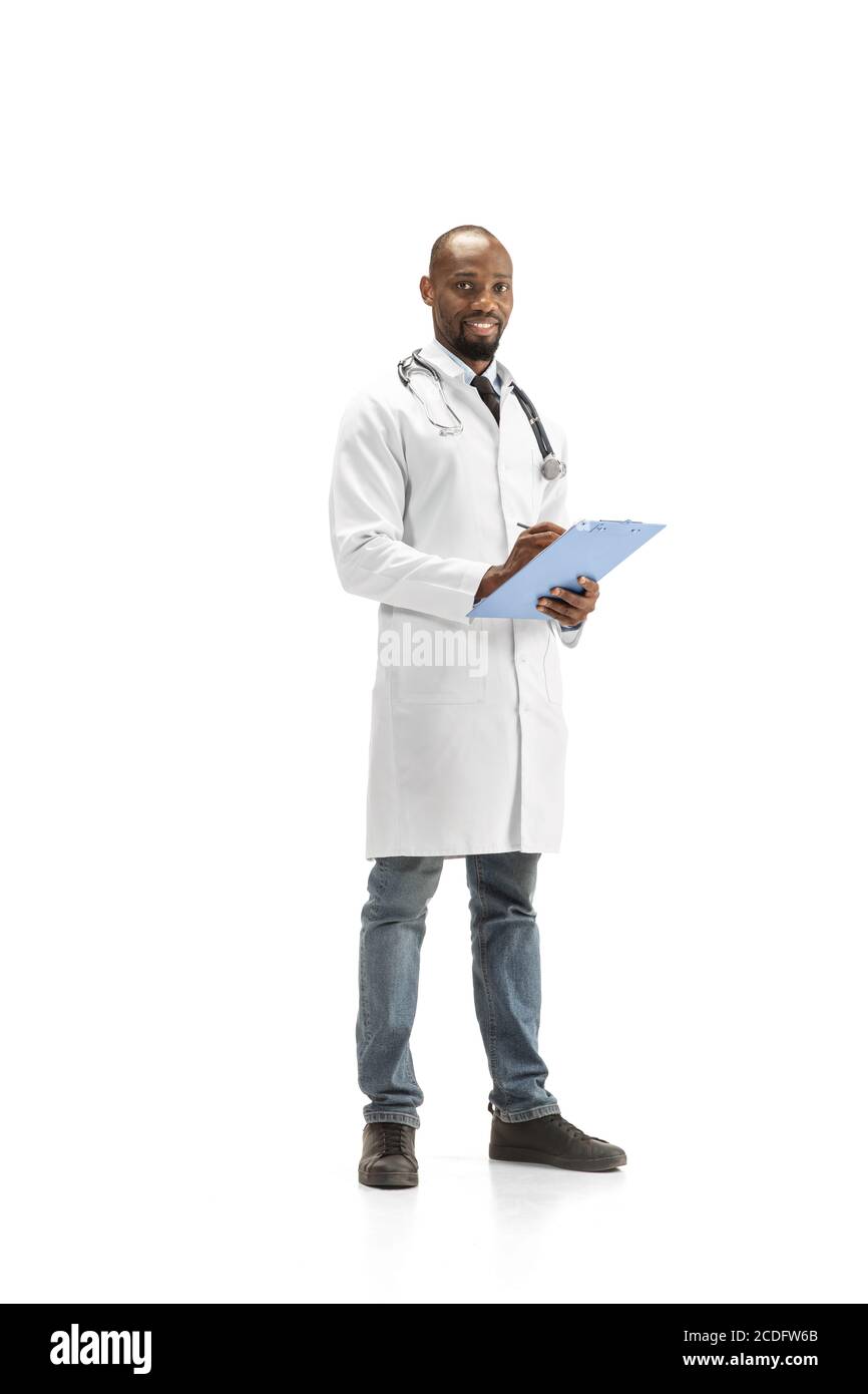 Paperwork. African-american doctor isolated on white background ...