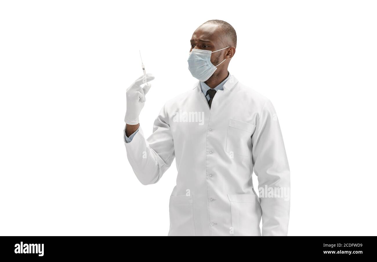 Drugs. African-american doctor isolated on white background ...