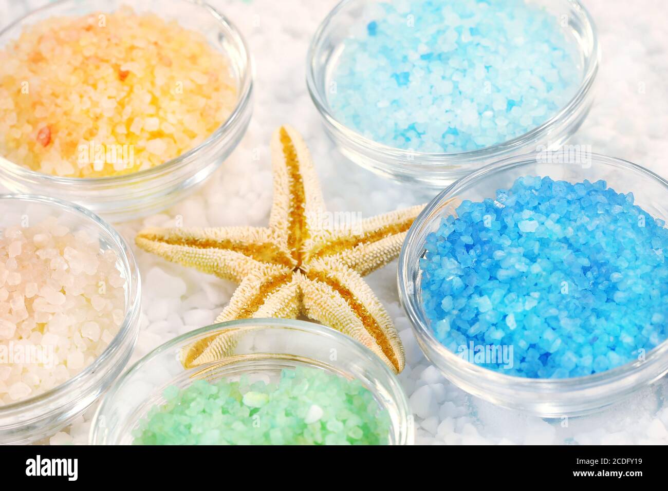 Five colors of bath salt Stock Photo - Alamy