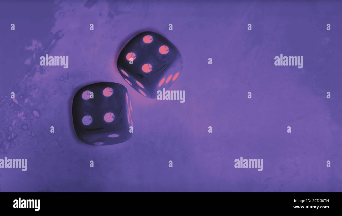 Glowing dice on a marble background. Purple neon. Background texture ...