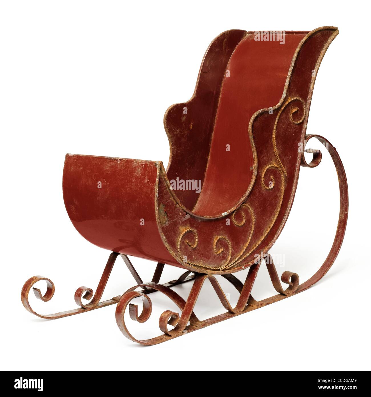 Old empty red sleigh toy, vintage seasonal Christmas metal decoration ...