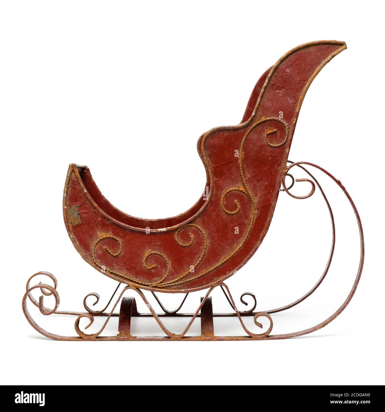 Old empty red sleigh toy, vintage seasonal Christmas metal decoration ...