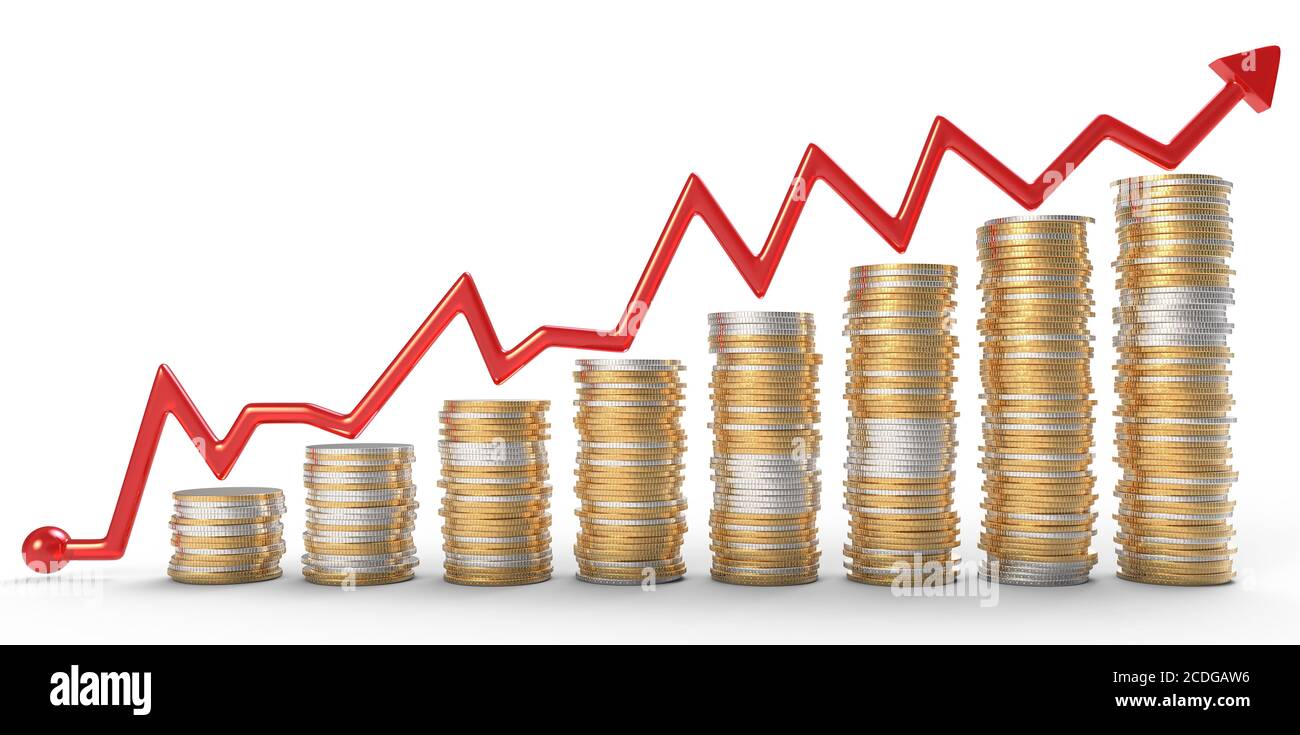 Growth: red graph over golden coins Stock Photo - Alamy