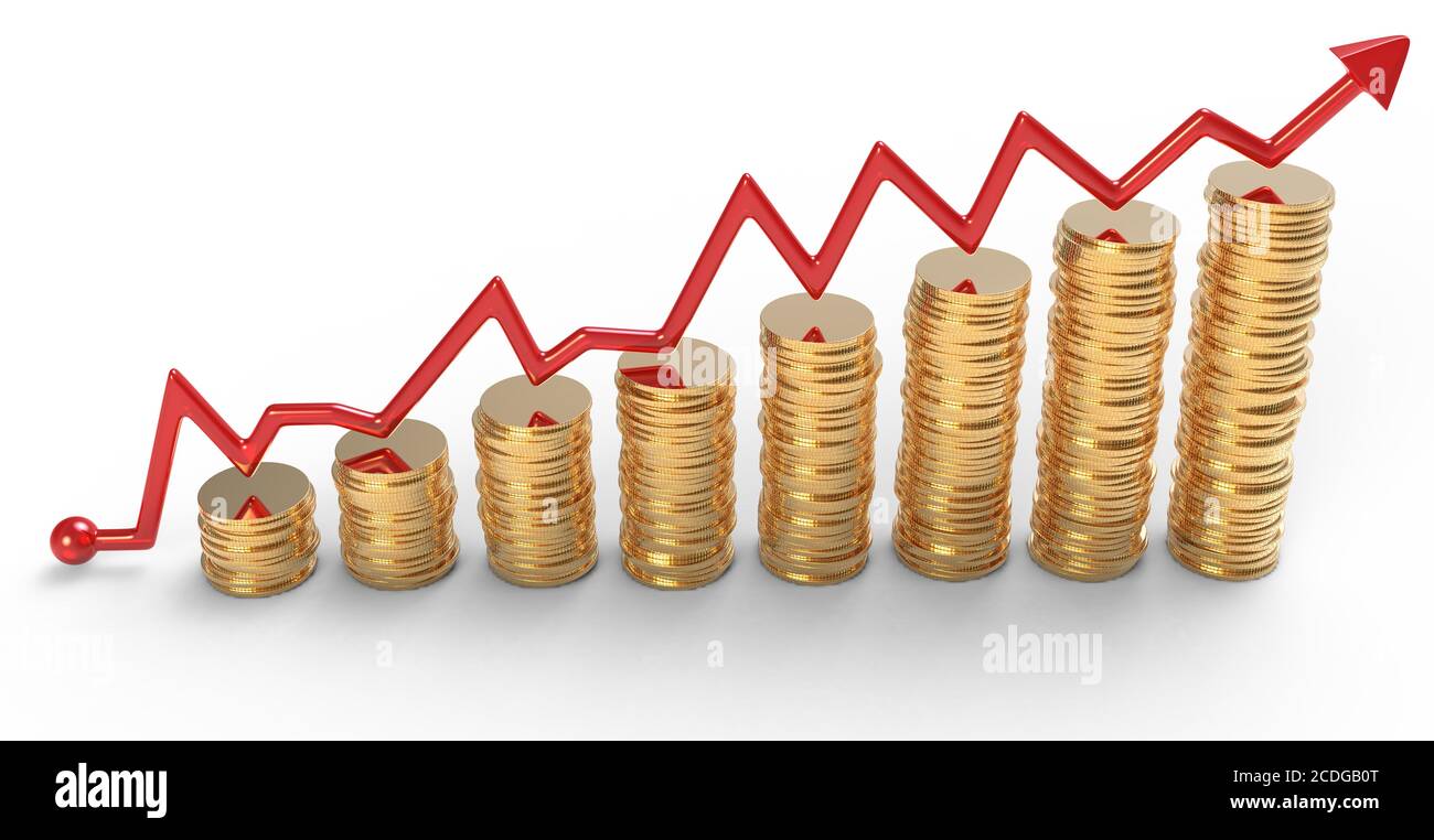 Progress: red graph over golden coins stacks Stock Photo - Alamy
