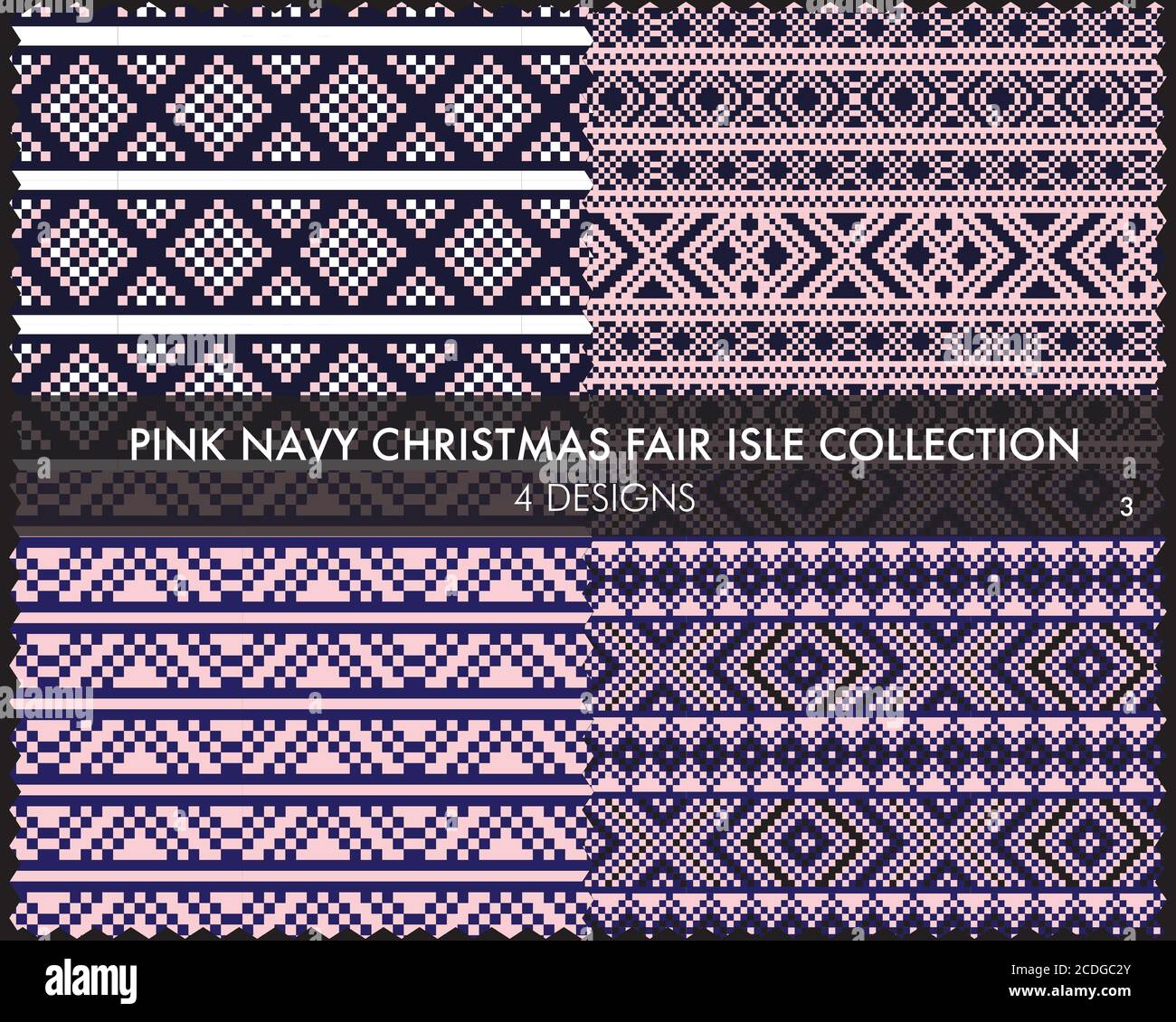 Pink Navy Christmas fair isle pattern collection includes 4 design ...
