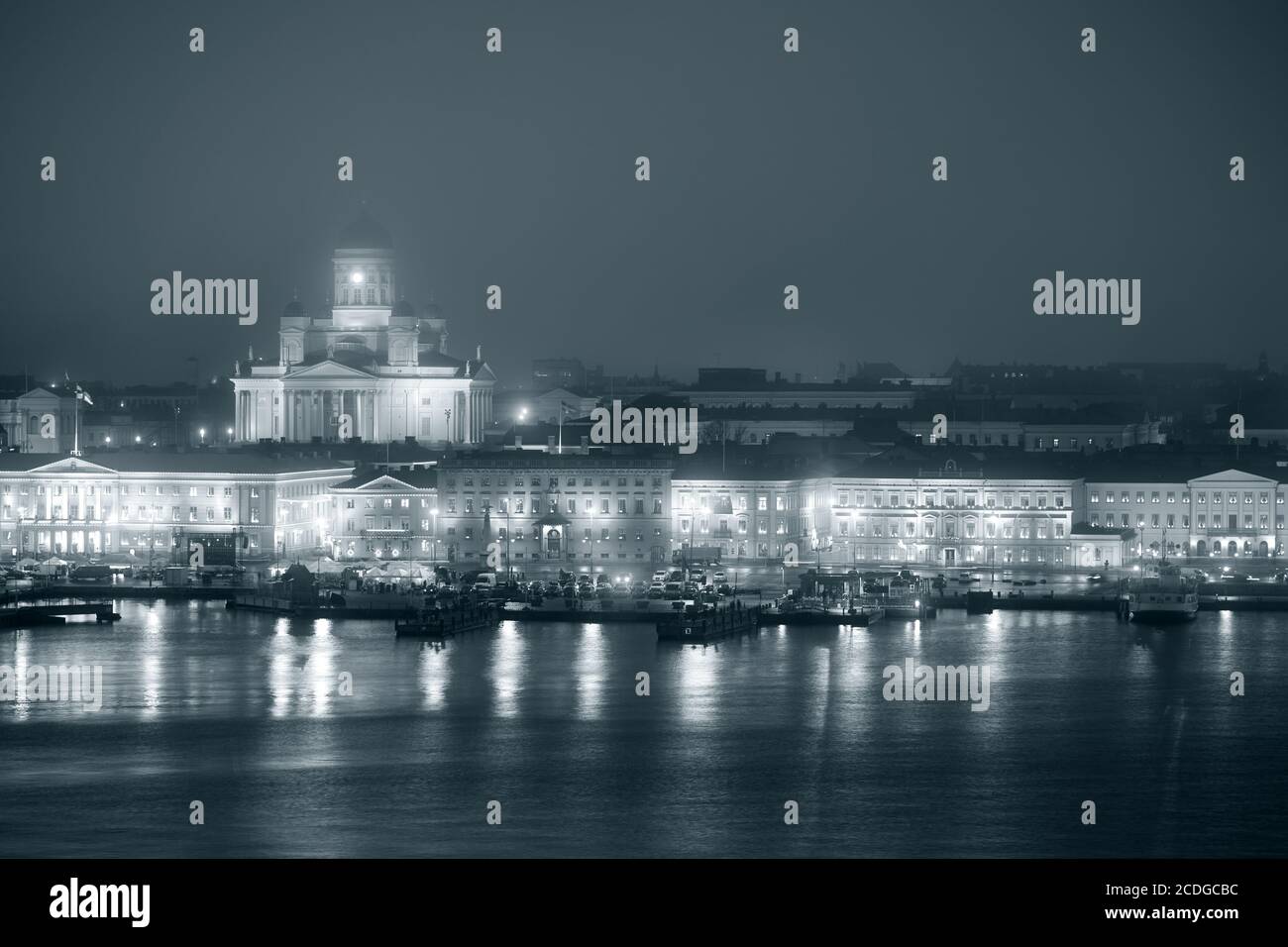 Night view of South harbour of Helsinki, Finland with Helsinki ...