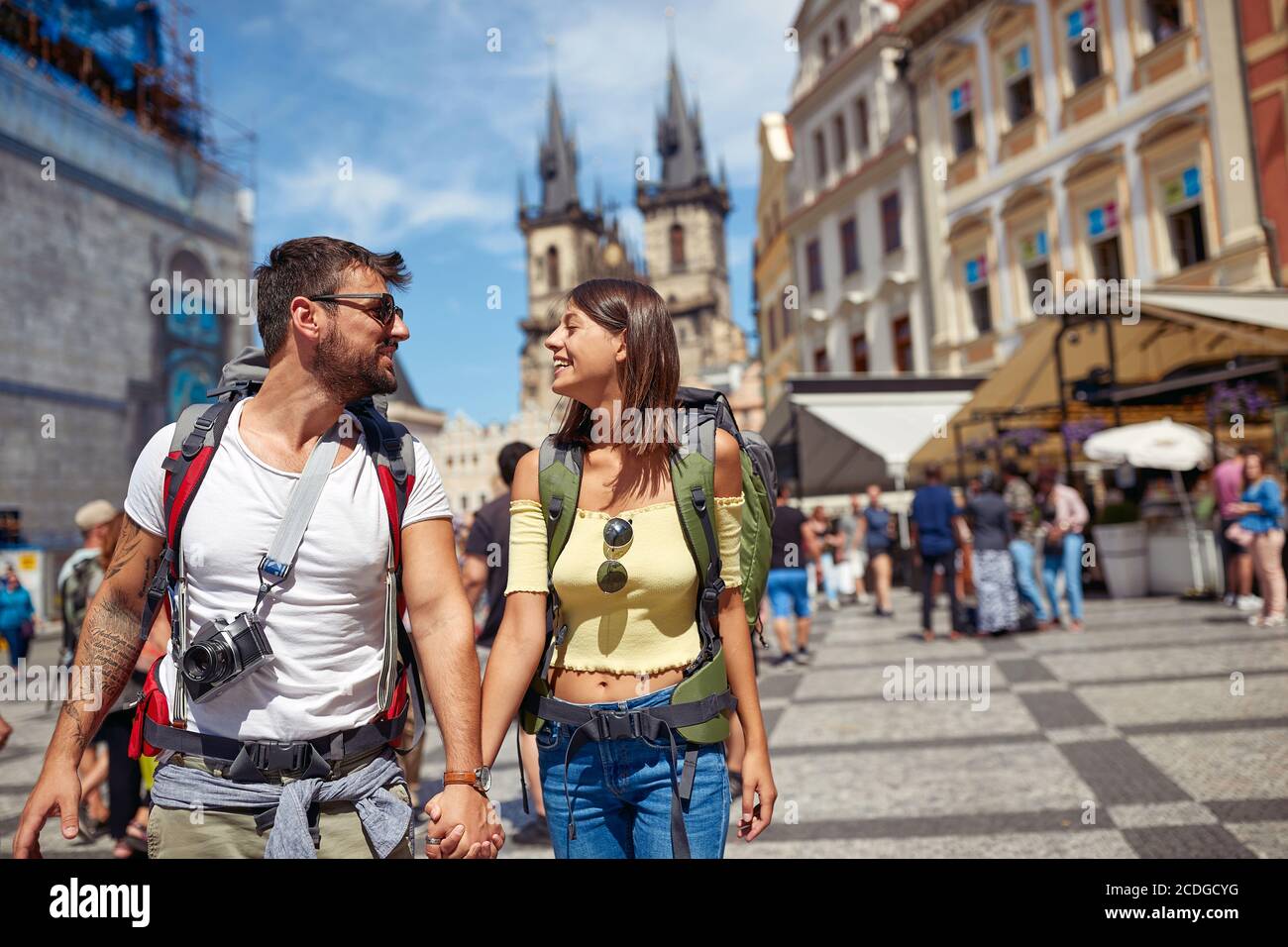 Happy tourist man and woman in love having fun, travel, smiling on ...