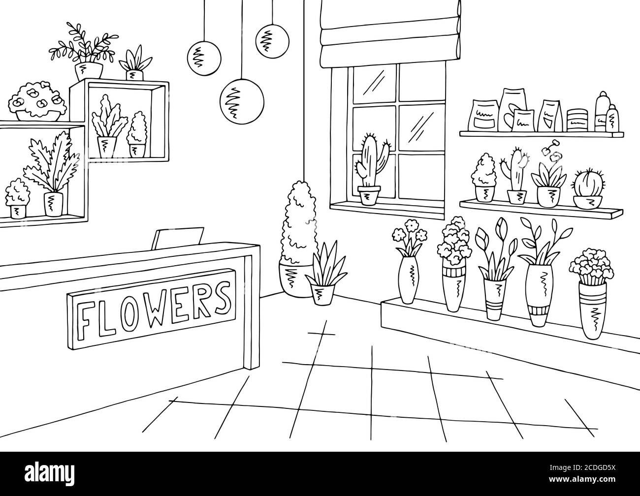 Flower shop interior graphic black white sketch illustration vector ...
