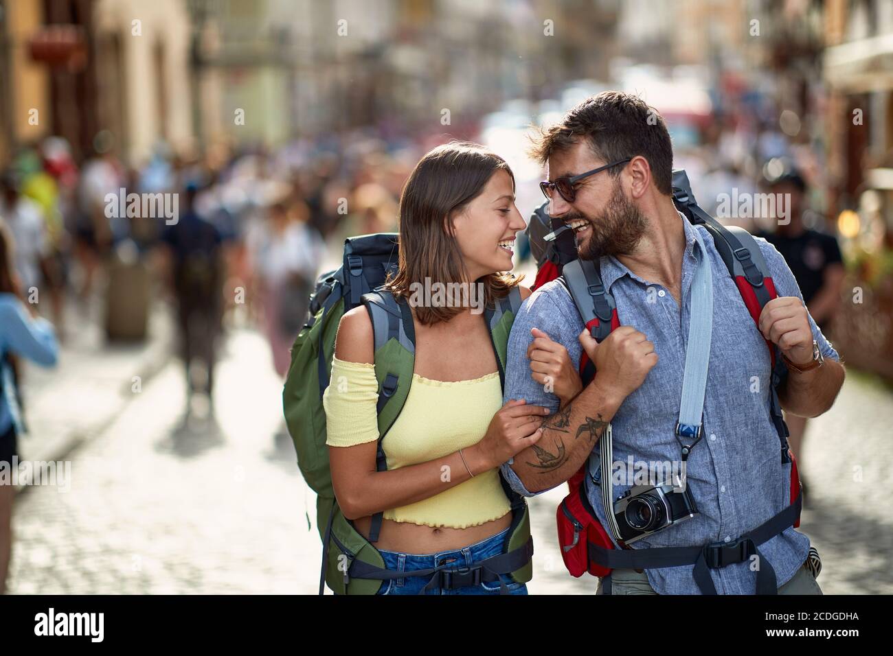 Traveling in Europe.Young people traveling together smiling and ...