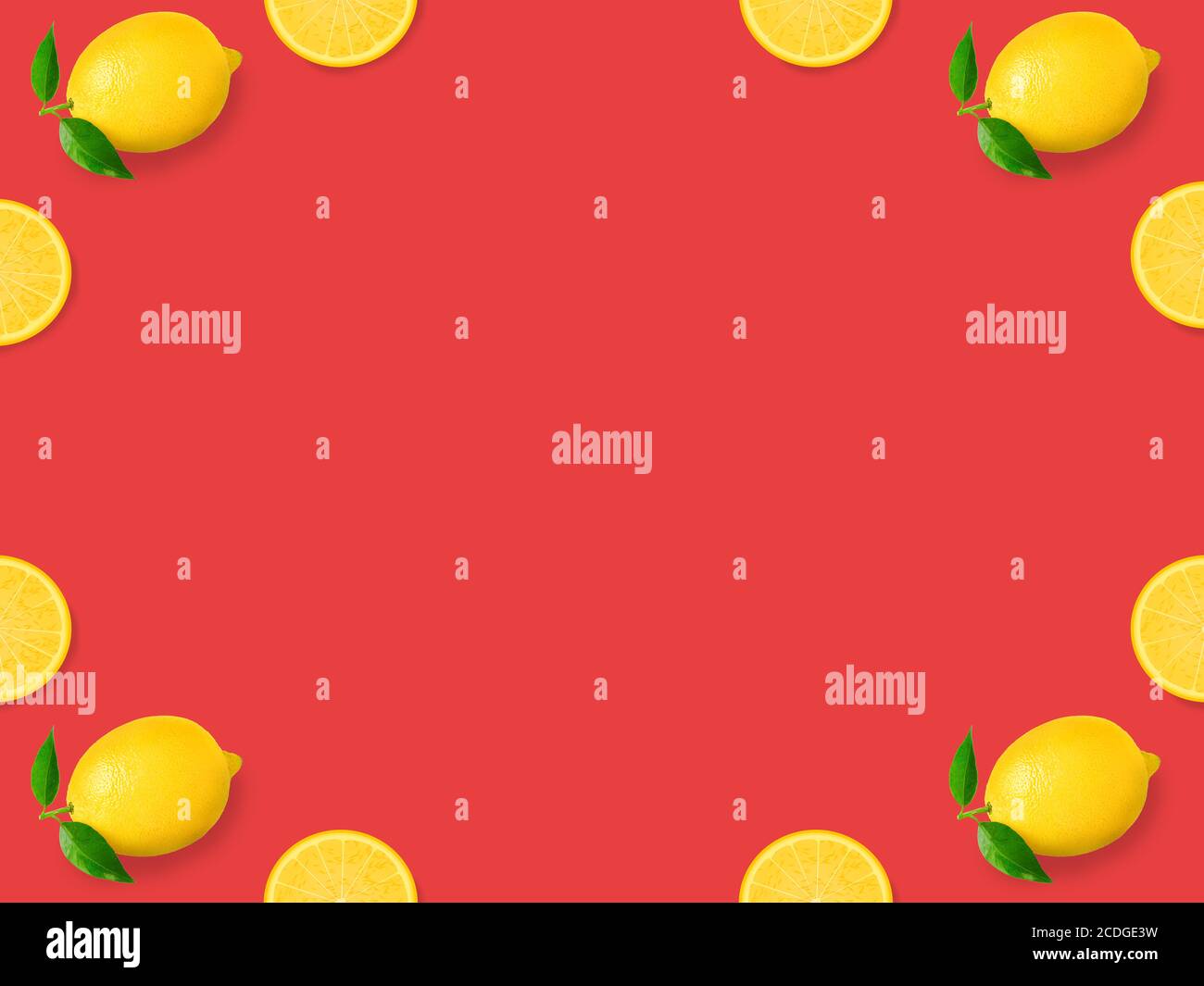 Creative background with fresh lemons on bright red background. Top ...