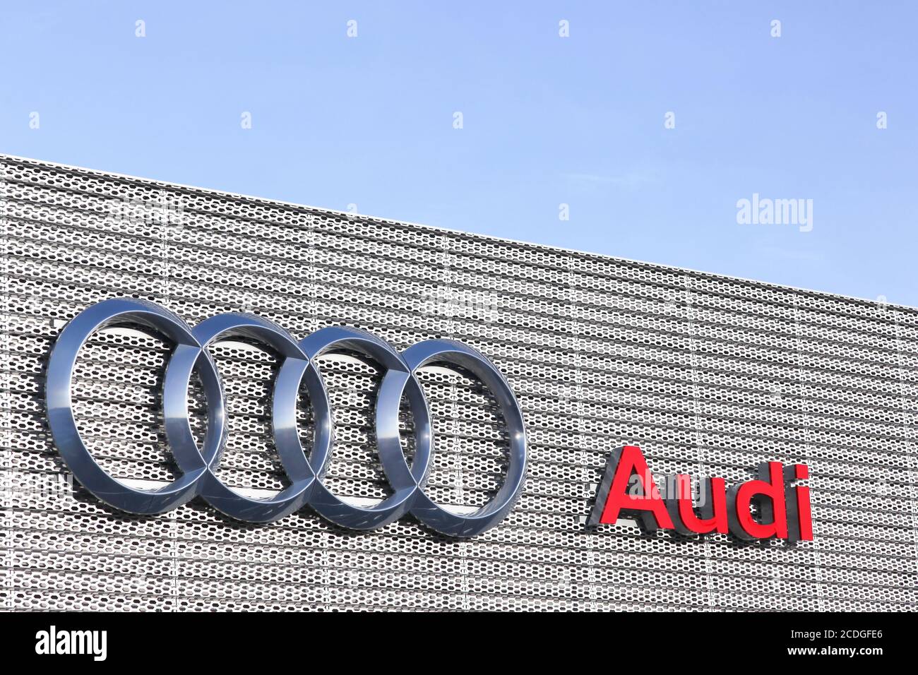 Villefranche, France - March 14, 2018: Audi logo on a building. Audi is ...