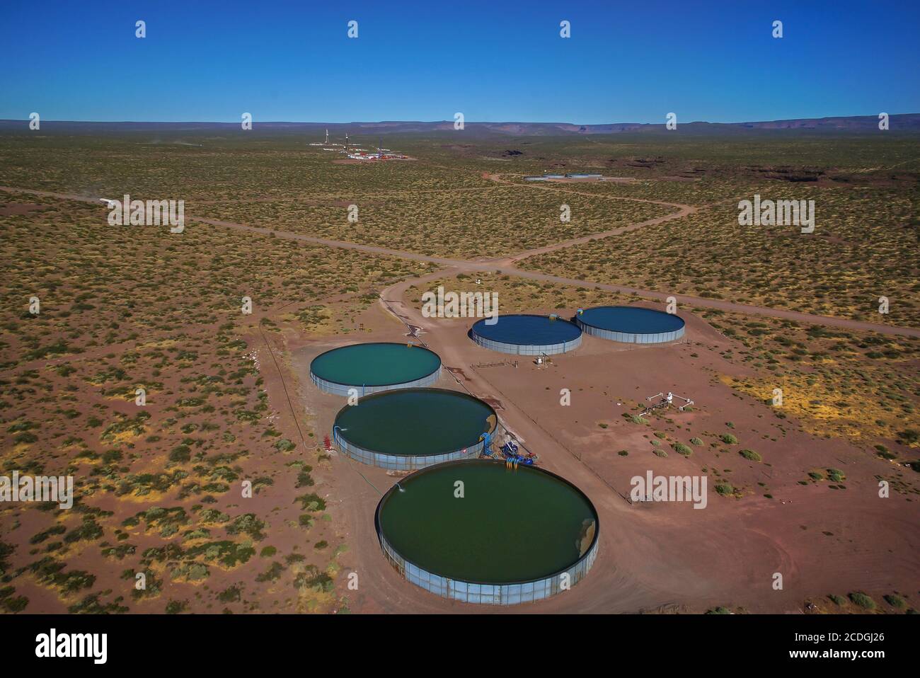 Aerial view of the tank of water and sand in bags, for hydraulic ...