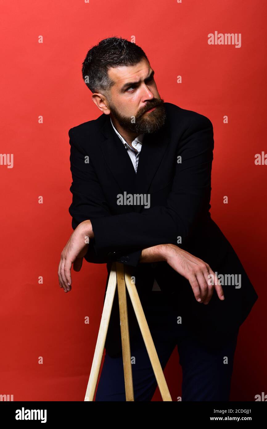 Man with beard and moustache wearing classic suit. Education and ...