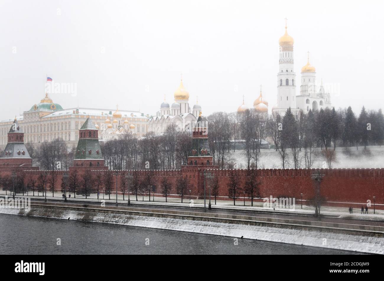 A view towards the Moscow Kremlin in winter, including (from left to ...