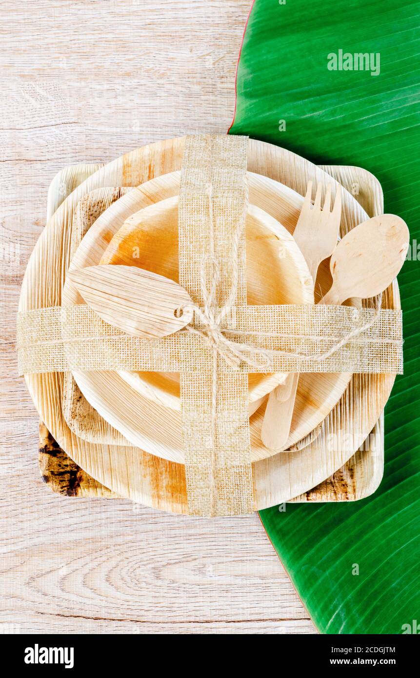 Kitchenware made from dried betel nut leaf palm, natural material. The ...
