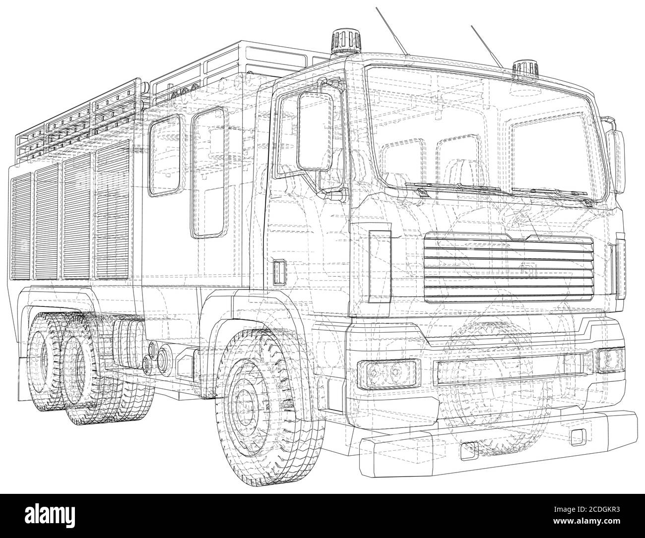 Vector Wire-frame Fire truck. The layers of visible and invisible lines ...
