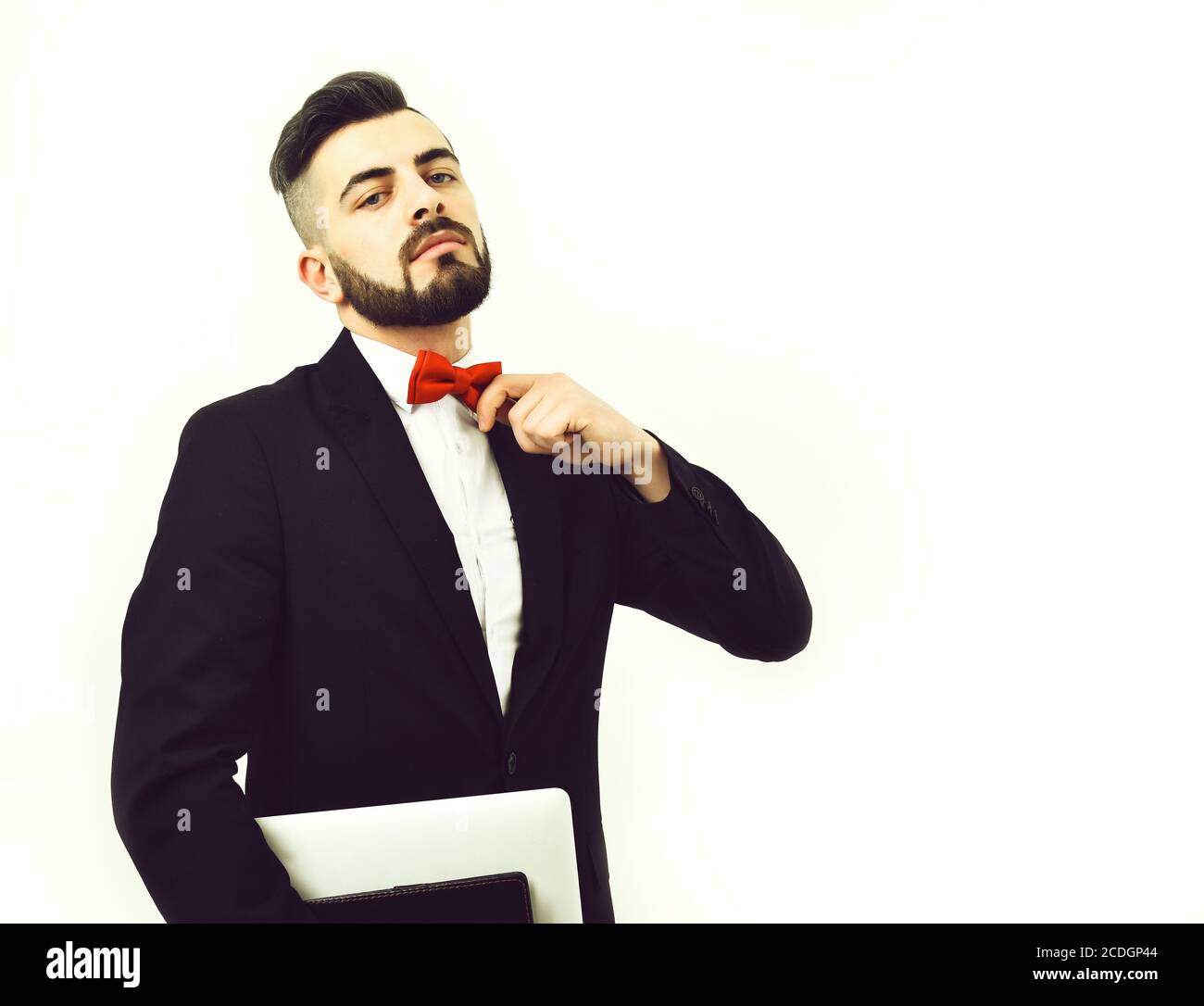 Successful businessman with beard and arrogant face expression checks ...