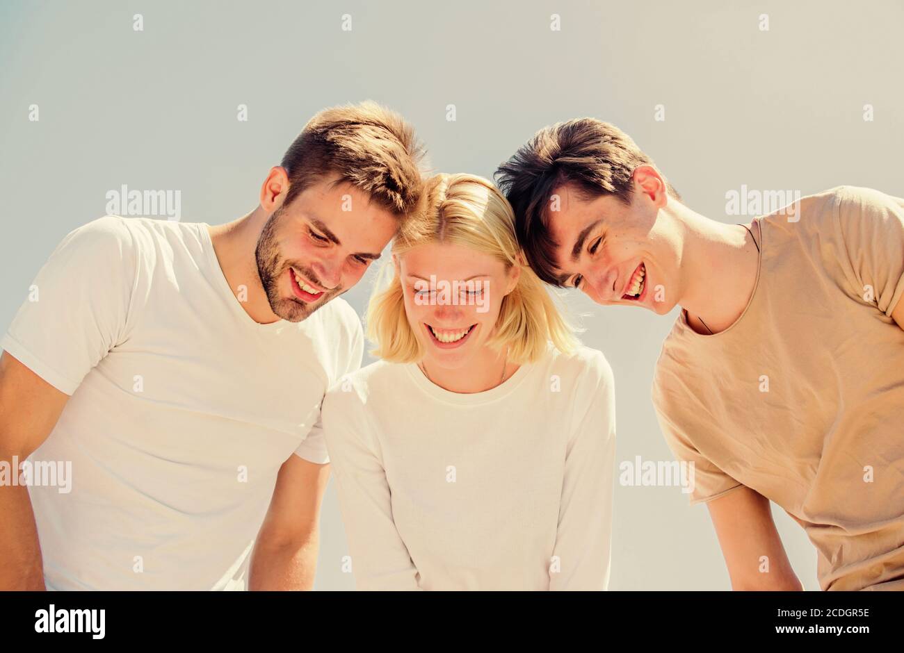 Our feelings. look from success heights. happy woman and two men ...