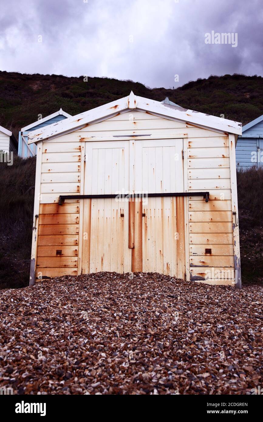 Old weathered grim seaside beach hut in miserable weather Stock Photo ...