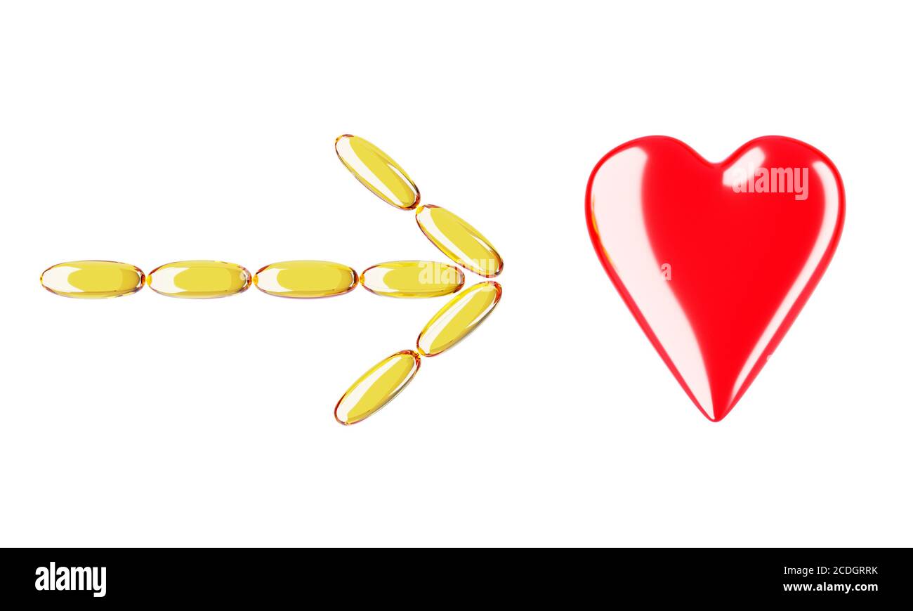 The arrow of the golden capsules indicates the heart. 3D rendering ...