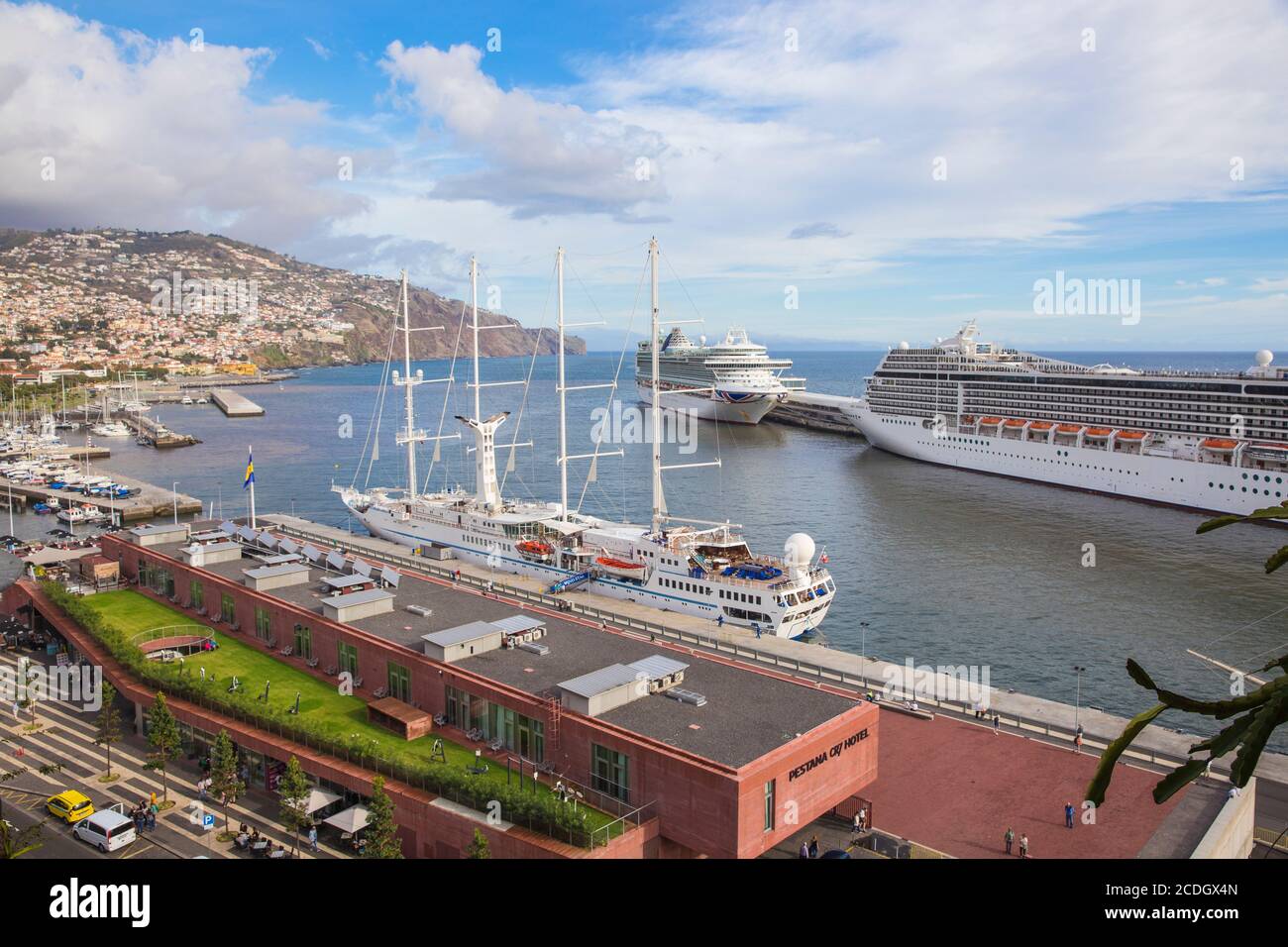 Portugal, Madeira, Funchal, View of Pestana CR7 Hotel and cruise ship ...