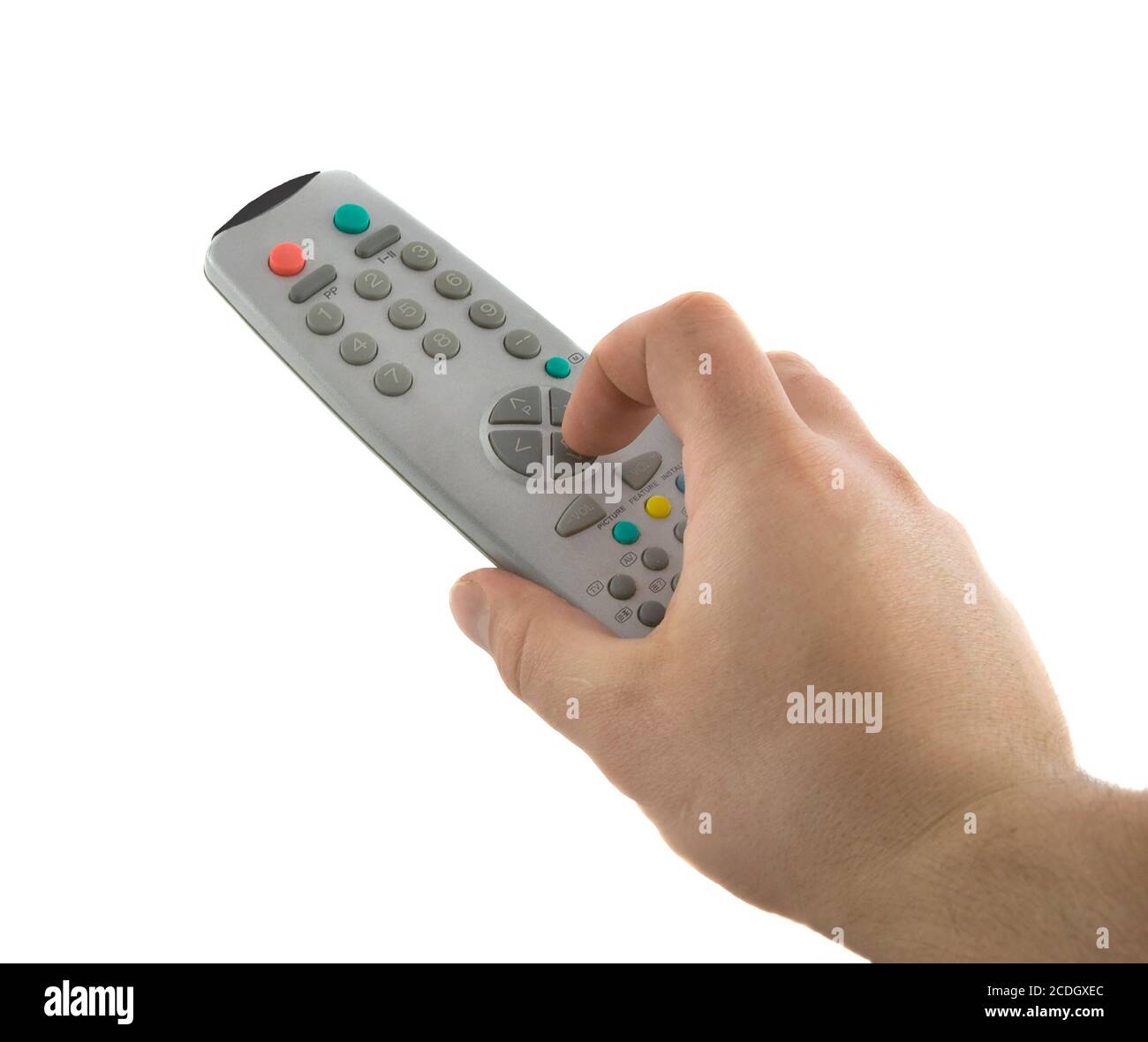 Hand holding a TV remote control isolated over white Stock Photo - Alamy