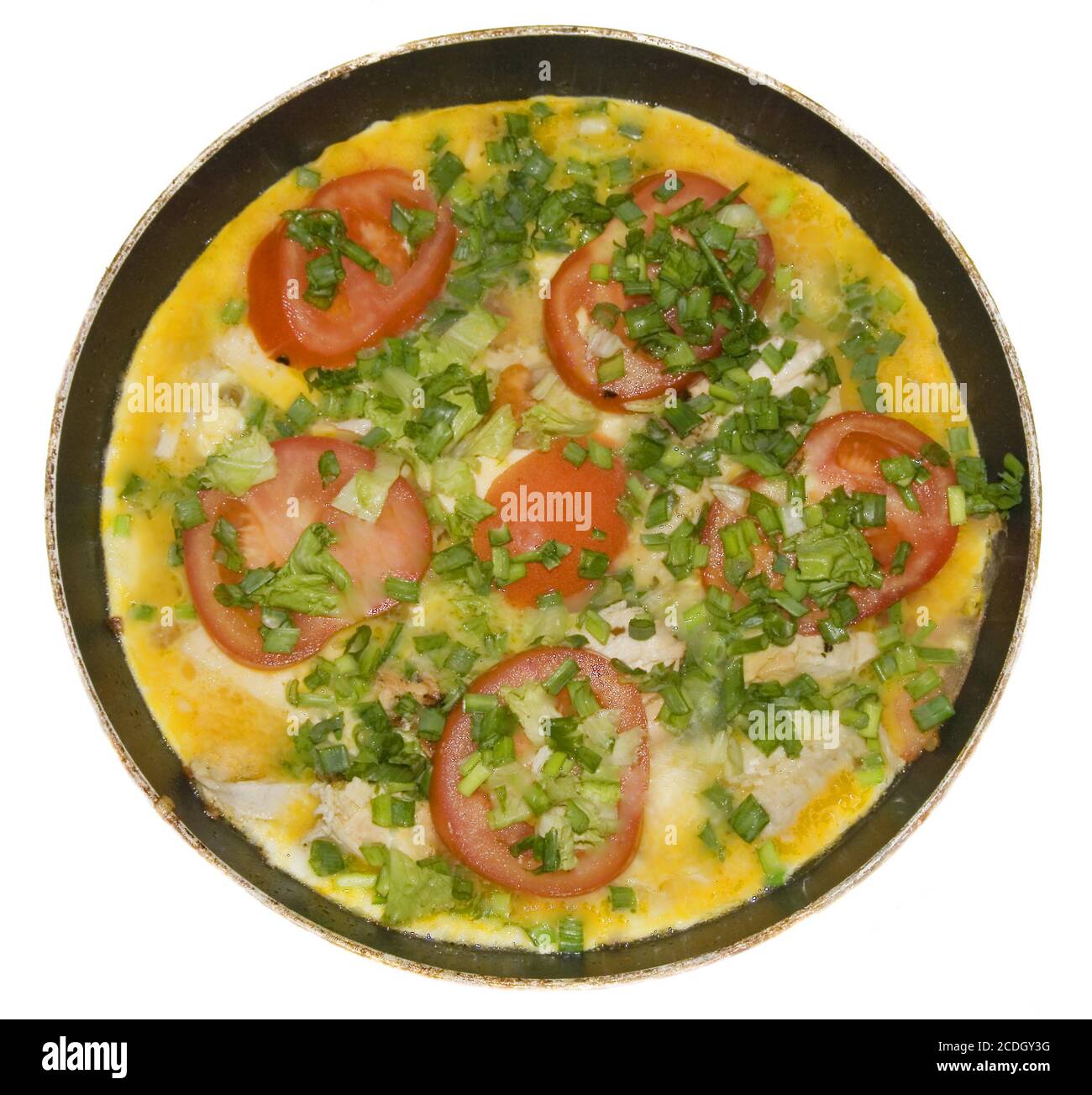 Omelet with herbs and tomatoes in plate isolated on white Stock Photo ...