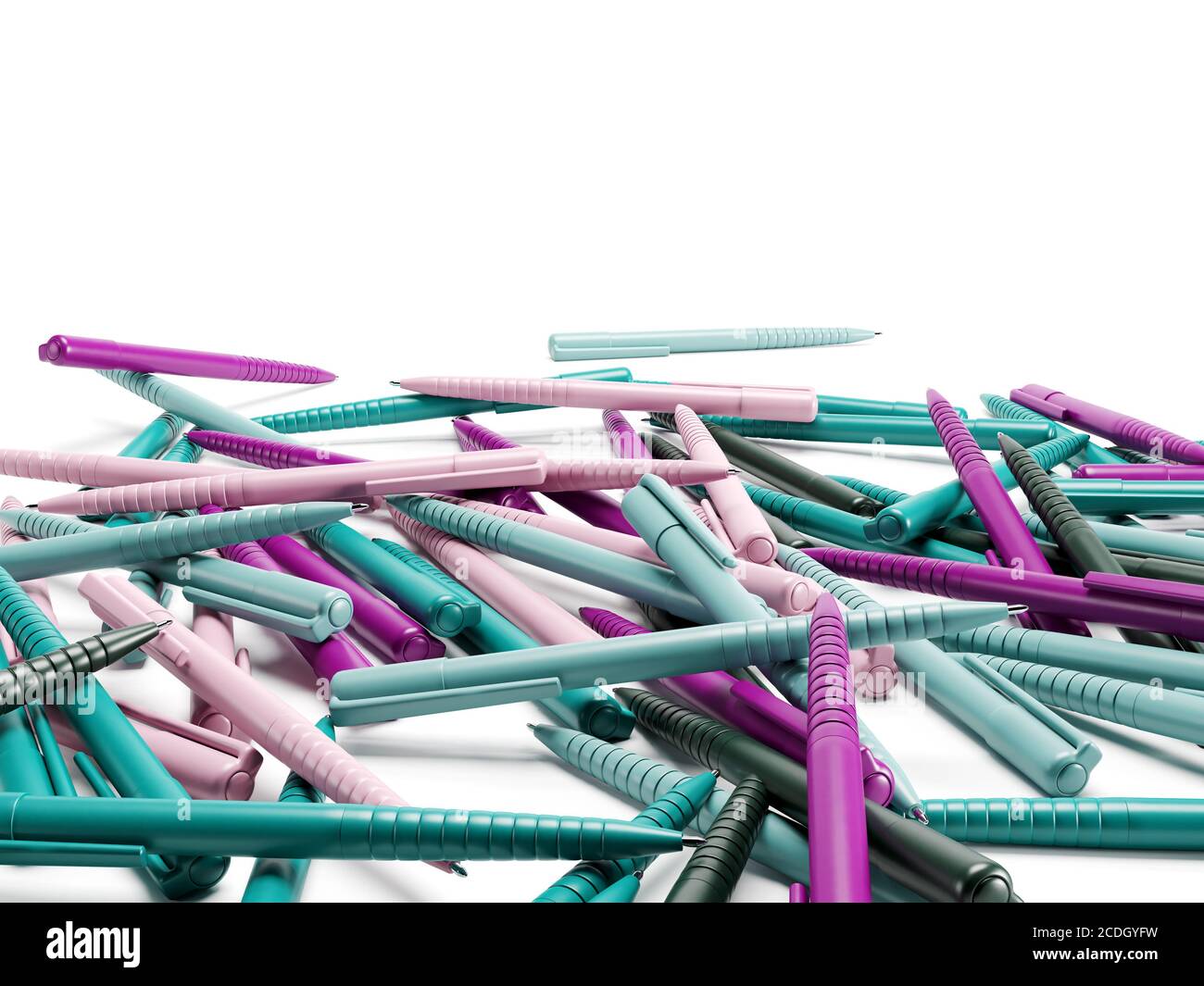 Multicolored plastic ball pens are scattered on a white background. 3D ...