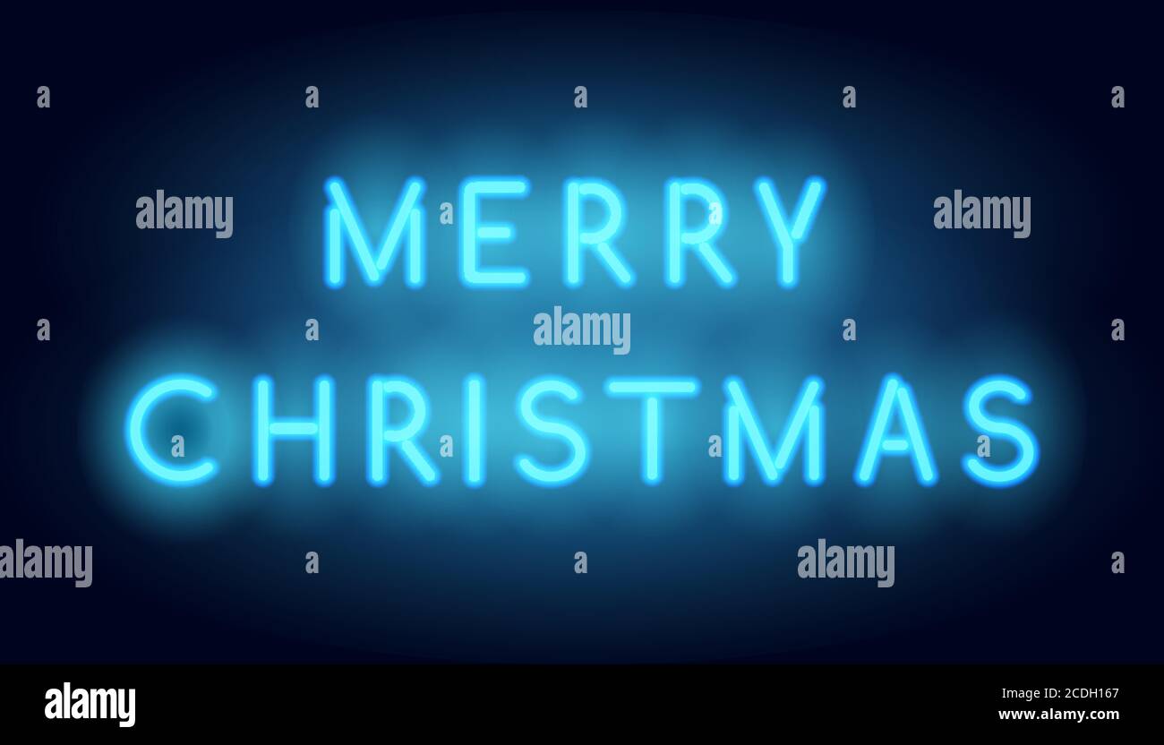 Merry Christmas neon lettering. Vector realistic neon blue glowing ...