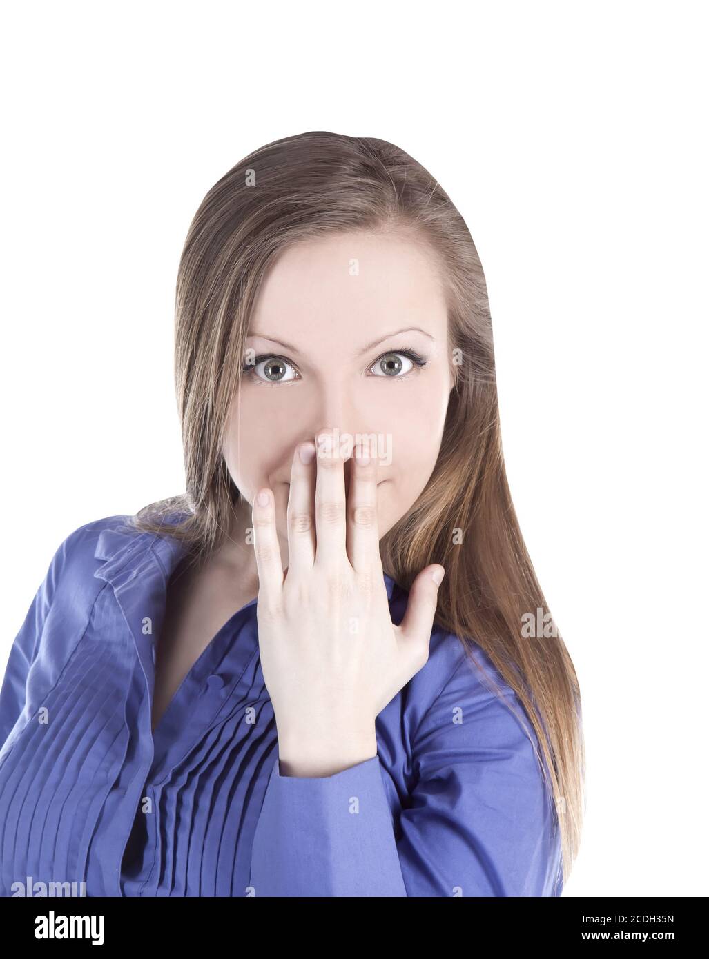 bright picture of young woman with hands over mouth Stock Photo - Alamy