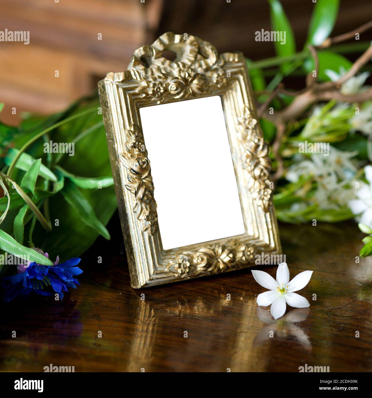 Still life with antique frame with woman's portrait and flowers Stock ...