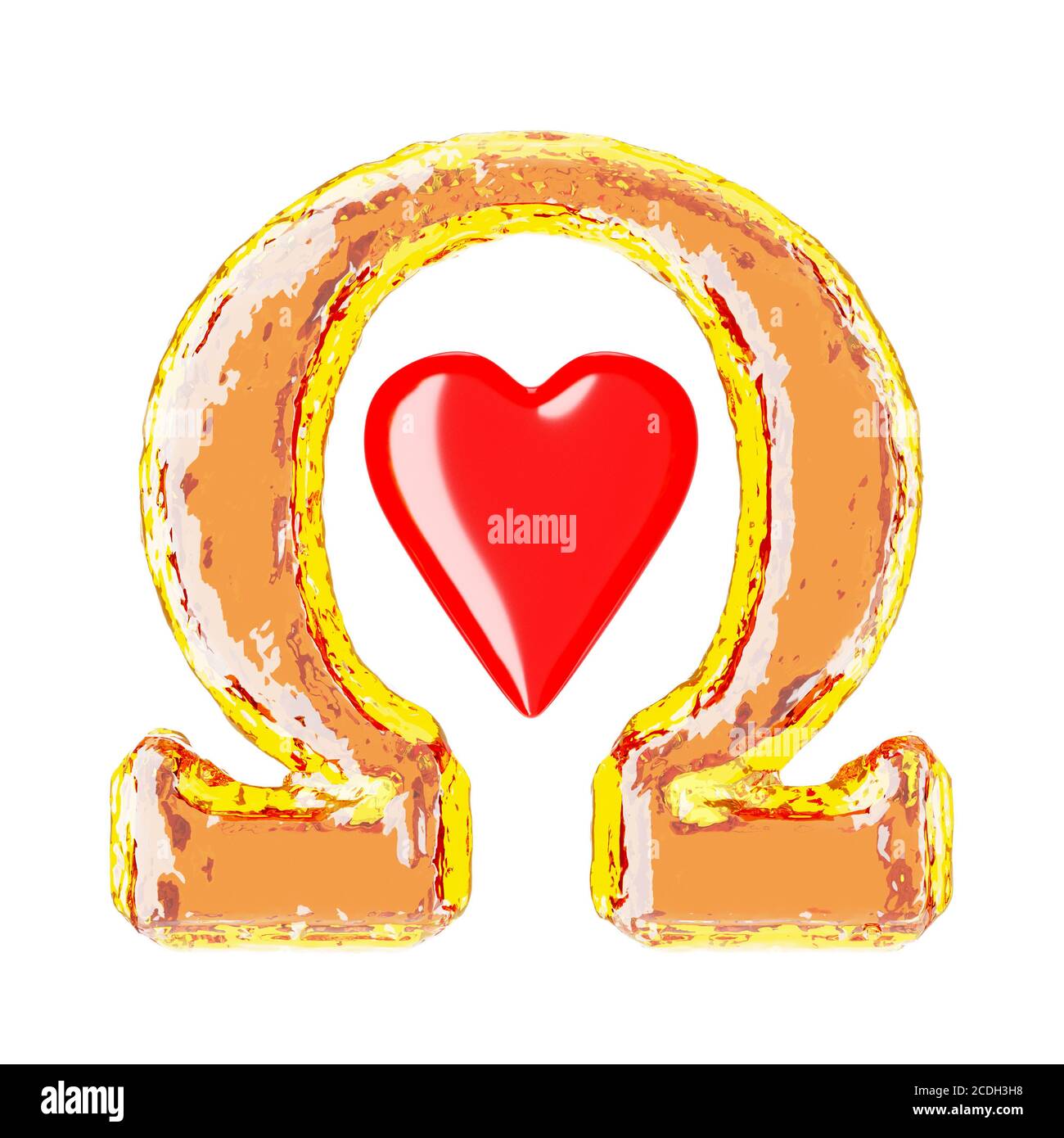 Shiny orange omega sign with a red heart in the center on a white ...