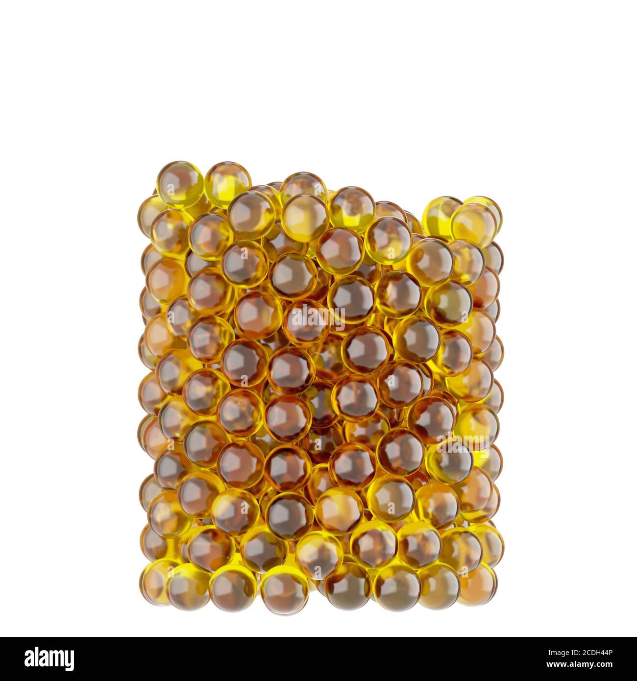 A group of yellow round capsules without a bottle on an isolated ...